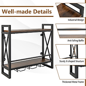 Giantex Industrial Wall Mounted Wine Rack, 2-Tier Metal Hanging Wine Bottle Glass Rack w/ 12-Bottle Holders, Heavy Duty Wall Wine Floating Shelves for Home Bar, Kitchen, Dining Room, Rustic Brown