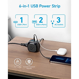 Anker 20W USB C Power Strip, 321 Power Strip with 3 Outlets and USB C Charging for iPhone 15/15 Plus/15 Pro/15 Pro Max, 5 ft Extension Cord, Power Delivery Charging for Dorm Rooms,Home Office(Black)