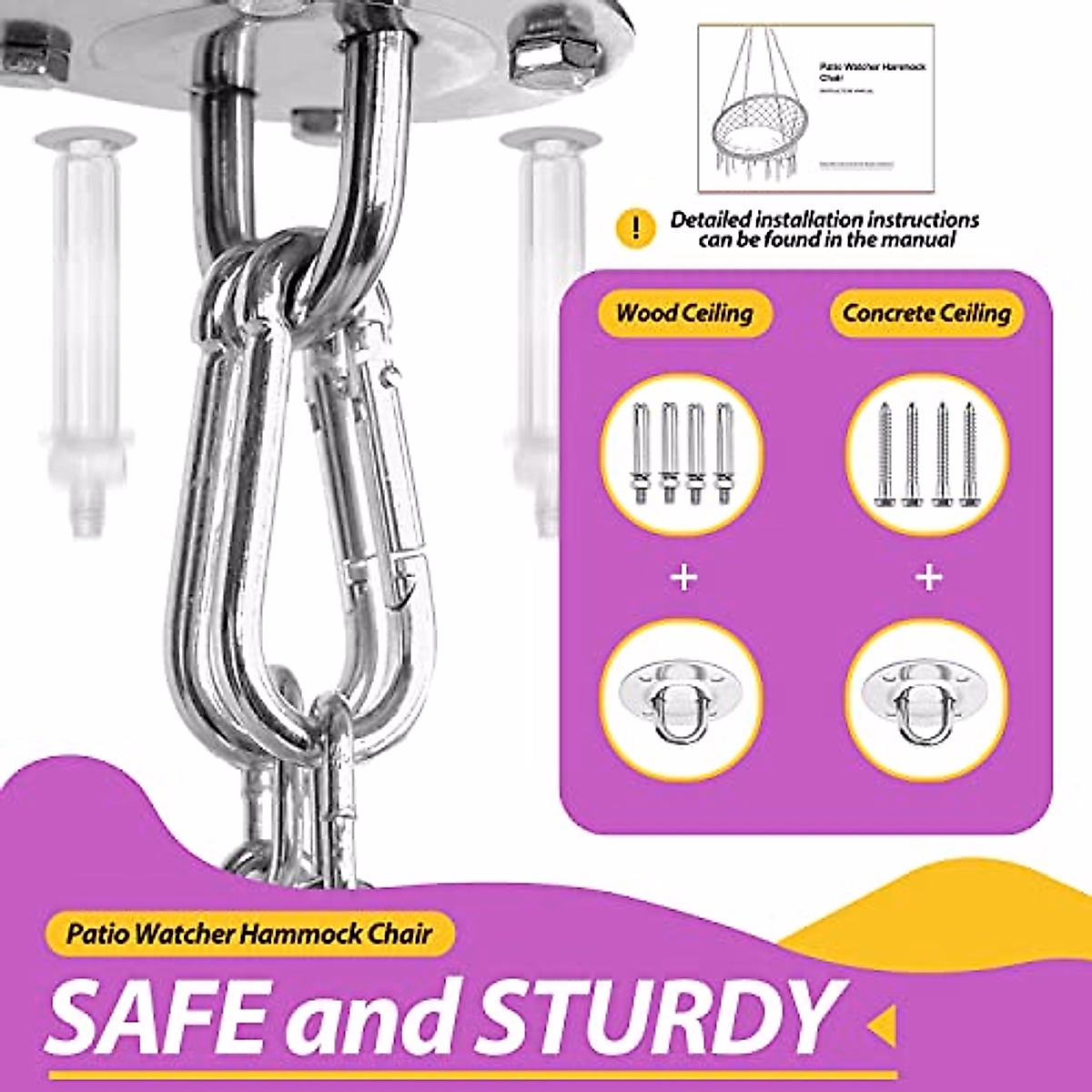 Patio Watcher Hammock Chair Hanging Macrame Swing with Cushion and Hardware Kits, Max 330 Lbs, Handmade Knitted Mesh Rope Swing Chair for Indoor, Outdoor, Bedroom, Patio, Yard, Deck, Garden, Beige