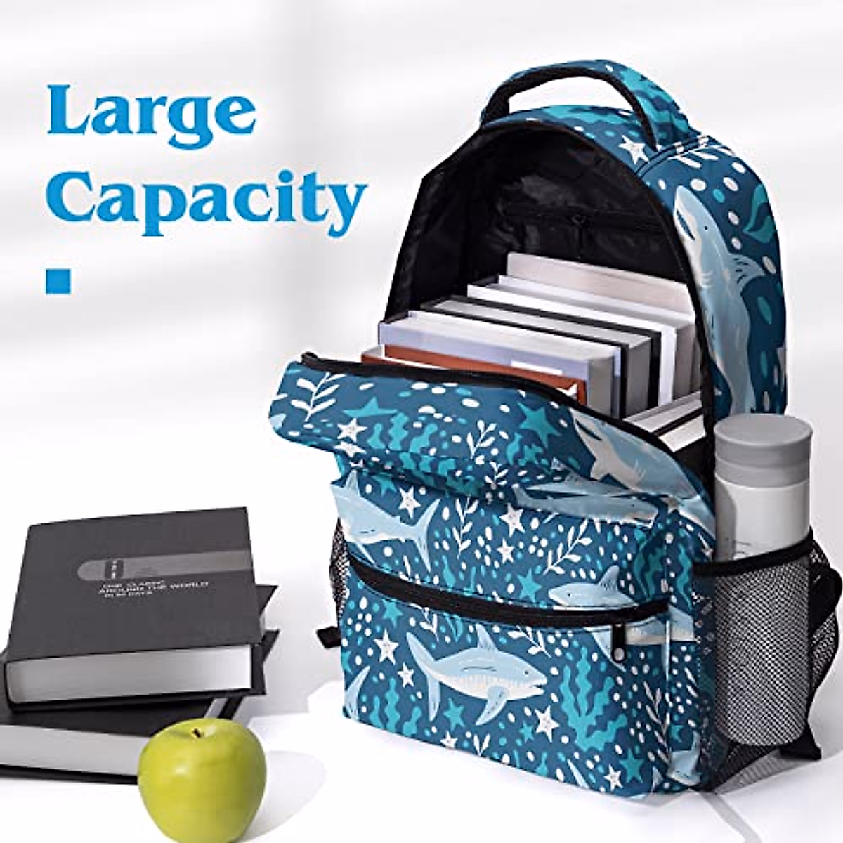 Dacawin Green Shark Kids Backpack for Boys Ocean Themed Backpacks Blue Lightweight Elementary Bookbags Durable Kindergarten School Bag for Student Girls Teens