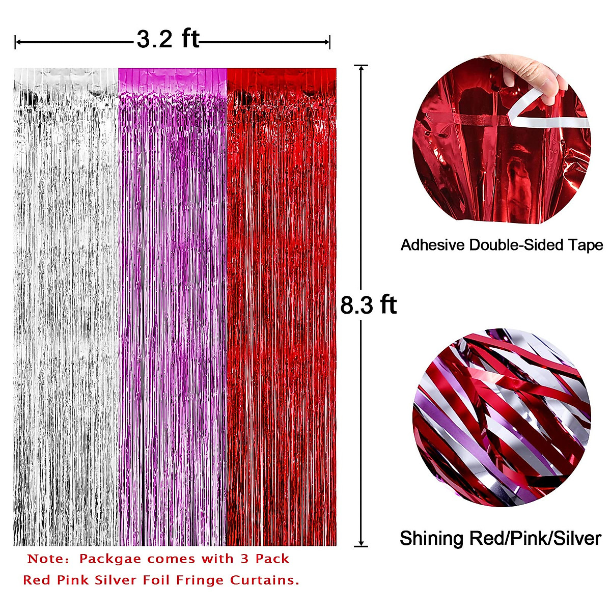 3 Pack Red Foil Fringe Curtains Valentines Day Party Decoration, 3.3X8.2 ft Silver Pink Red Fringe Backdrop for Valentines Decor Tinsel Fringe Curtain Party Photo Backdrop Streamer for Bachelorette