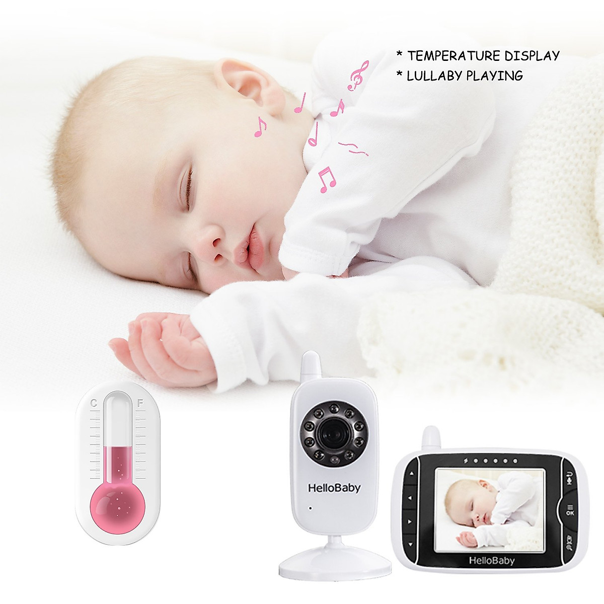 HelloBaby 3.2 Inch Video Baby Monitor with Night Vision & Temperature Sensor, Two Way Talkback System