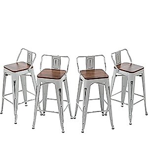 Andeworld Bar Stools Set of 4 Counter Height Stools Industrial Metal Barstools with Wooden Seats(30 Inch, Distressed White)