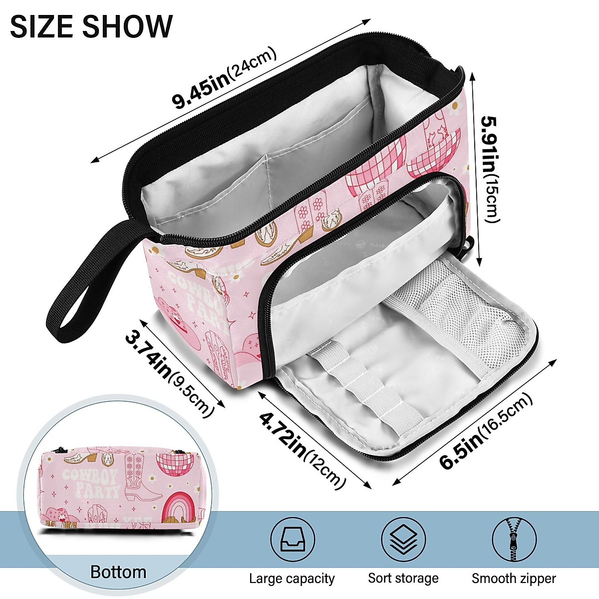 Fisyme Western Cowgirl Boots Pink Pencil Case Large Capacity Pencil Pouch Pen Bags Box Big Makeup Pencil Case Organizer