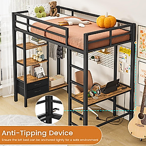 Hasuit Loft Bed Twin Size with Desk and Charging Station Metal Twin Loft Bed with LED Lights, 4 Storage Shelves and 2 Fabric Drawers, Twin Size Loft Bed with Safety Guard, Clothes Rail & Ladder, Black