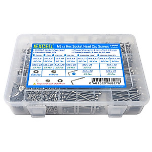 iexcell 1800 Pcs M3 x 4/5/6/8/10/12/14/16/18/20/25/30/35/40/45/50 Stainless Steel 304 Hex Socket Head Cap Screws Blots Nuts Washers Assortment Kit