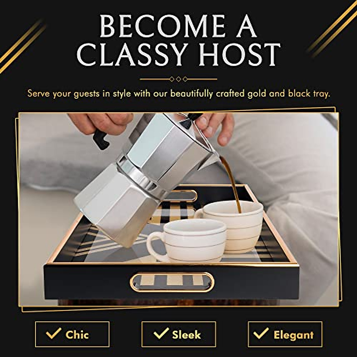 DIVERSITY TRADE Gold & Black Serving Tray w/ Handles – 17'' x 12'' Black Decorative Tray Large Ottoman TrayLiving Room Leak Proof Coffee Table Tray Glass Serving TrayOttoman Coffee Table (CX80225)