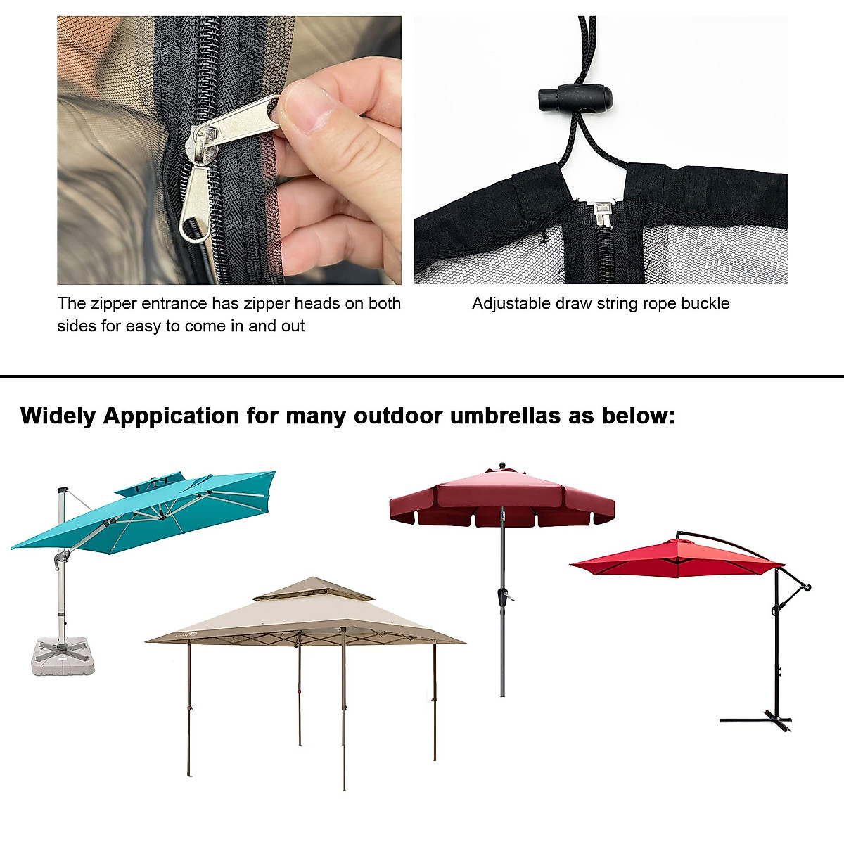 7.5-11 FT Patio Umbrella Mosquito Net, Polyester Mesh Umbrella Screen, Universal Canopy Umbrella Mosquito Netting with Zipper Door and Adjustable Rope, Fit Outdoor Umbrellas and Patio Tables