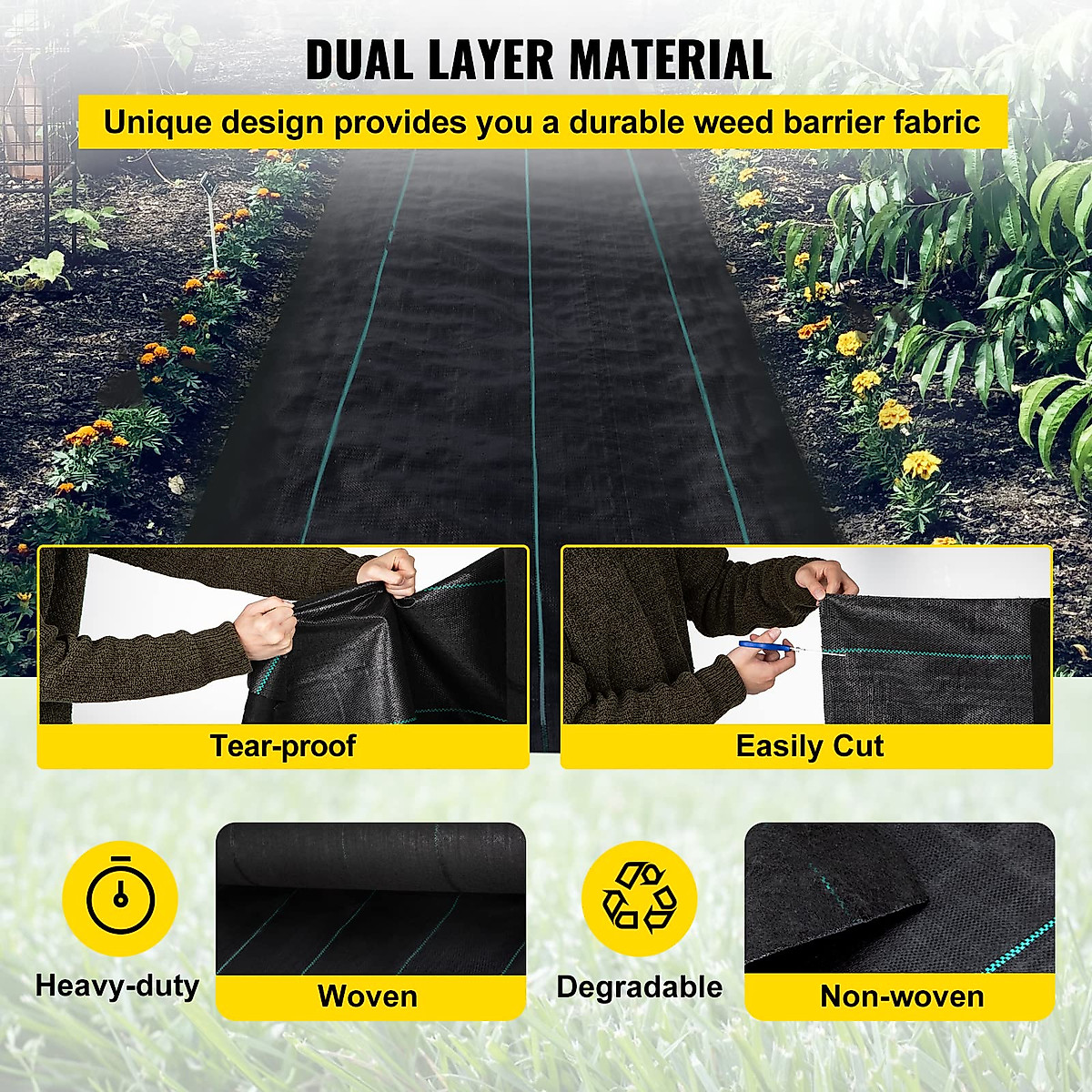 VEVOR Weed Fabric Barrier Heavy Duty, 3x300 FT, 5.8oz Weed Blocker Fabric, Woven Landscape Fabric, Garden Fabric Weed Barrier, Weed Control Fabric Ground Cover, Geotextile Fabric, Gardening Mat, Black