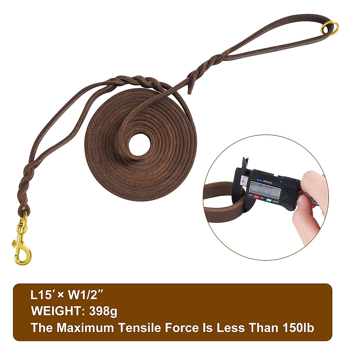 Wellbro 15ft Long Leather Dog Leash,Double Handle Dog Leash,Tieout for Yard, Camping, and Outdoors - Dog Run Cable for Total Control and Off-Leash Feel, Great for Large, Medium, Service Dogs