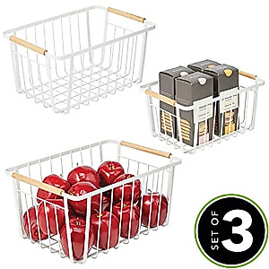 mDesign Metal Farmhouse Wire Organizer Storage Bin Basket with Handle - Rustic Container Organizers for Cabinet, Shelves, Counter, Bathroom, or Kitchen Pantry - Set of 3 - Matte White