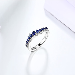 Pumi-geous Blue Spinels Sterling Silver Ring Rhodium-plated S925 Created Blue Sapphire Round Cut Wedding Rings Engagement Jewelry For Wemon (US#6)