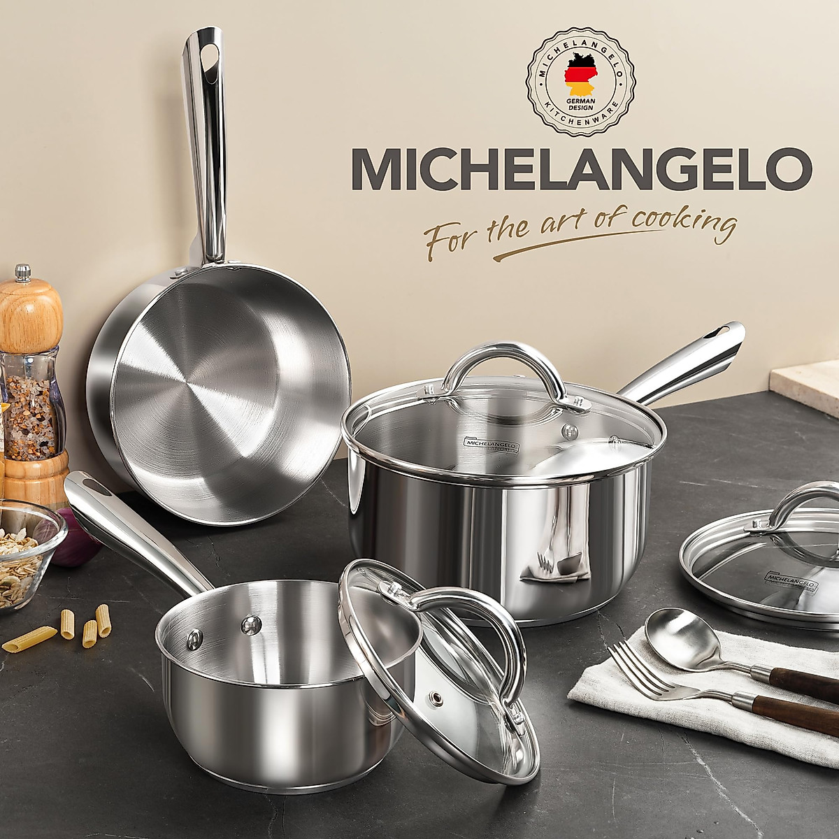 MICHELANGELO Stainless Steel Pot Set 6 Pcs with Triply Base, Stainless Steel Saucepans with Lids, Induction Saucepan Set with Stay-cool Handle - 1QT & 2QT & 3QT