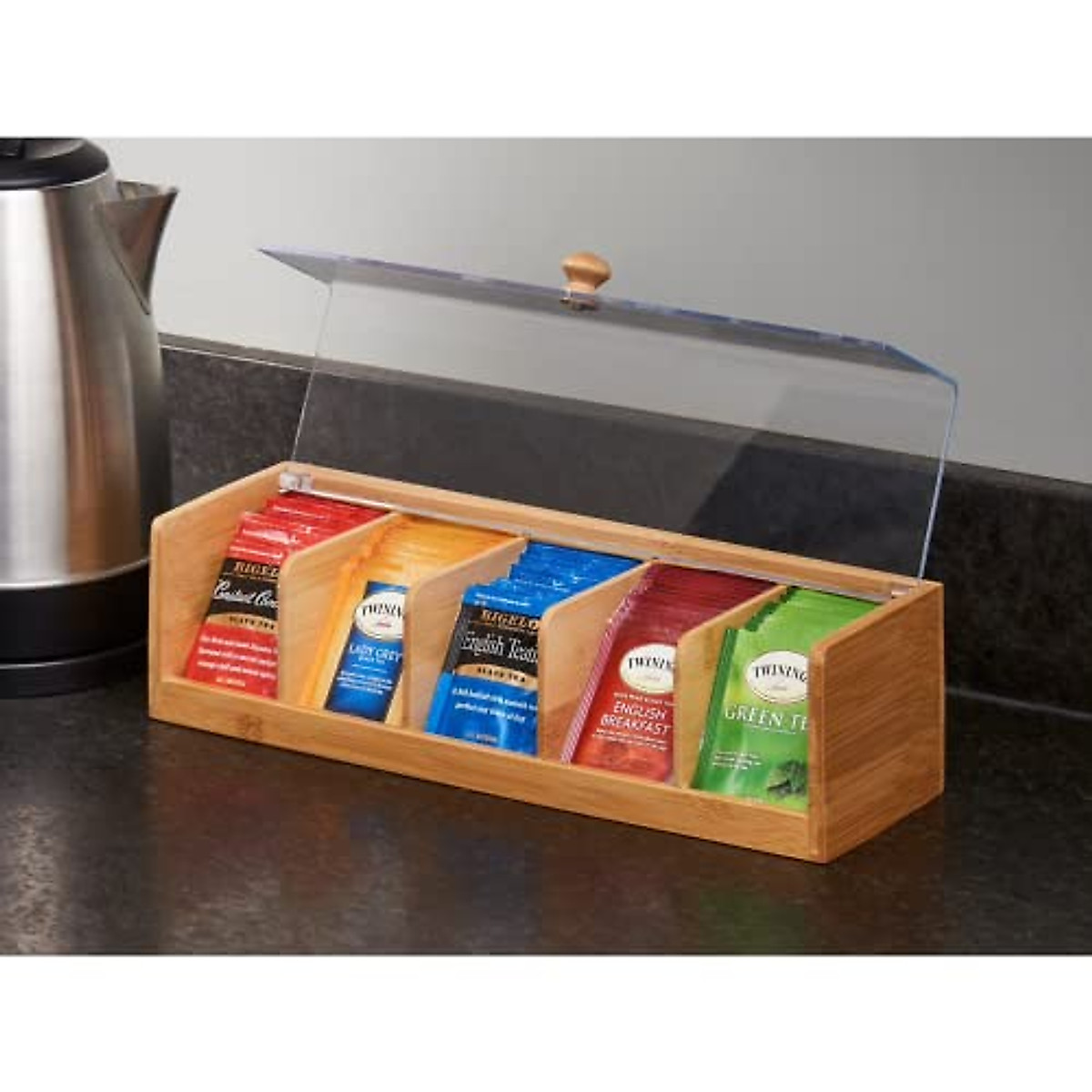 Nifty Solutions Bamboo Tea Box | 5 Compartment Tea Bag Storage | Stores up to 100 Tea Packets | Natural Wooden Tea Box | Tea Storage Containers | Organize Tea, Jewelry & Small Items