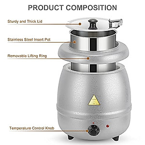 Valgus Commercial 10.5QT Soup Kettle, Electric Countertop Food Soup Warmer with Stainless Steel Hinged Lid and Detachable Pot for Home, Catering, Restaurants, Silver