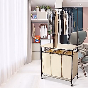 MYOYAY 3 Section Laundry Sorter with Garment Hanging Bar Rack Foldable Ironing Board, Laundry Basket Organizer Heavy Duty Laundry Hamper Rolling Cart with Lockable Wheels and 3 Removable Bags