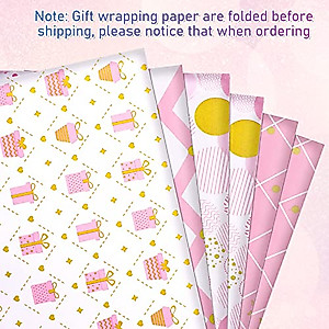 Abeillo 6 Sheets Birthday Wrapping Paper Pink Wrapping Paper Gift for Girls Pretty Light Pink Wrapping Paper Set Included Stickers and Ribbon, 20 x 28inch Birthday Gift Wrap