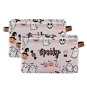 Sletend Foldable Canvas Storage Basket with Handles Halloween Cartoon Ghost Durable Storage Bin Organizer for Nursery Kids Shelves Desks Printed Canvas Storage Basket