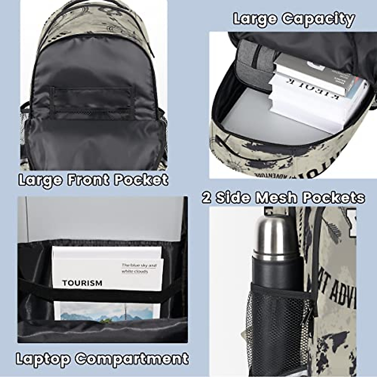 Herdesigns Custom Vintage Backpack for Men Women with Name Personalized Map Globe Compass School Bookbag Backpacks Customized Travel Casual Daypack Laptop Bag