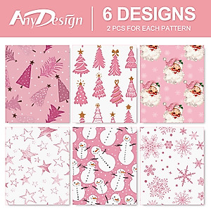 AnyDesign 12 Sheet Pink Christmas Wrapping Paper Santa Snowman Snowflake Star Tree Gift Wrap Paper Folded Flat Xmas Art Paper for Christmas Winter Birthday DIY Crafts Gift Wrapping, 19.7 x 27.6 Inch
