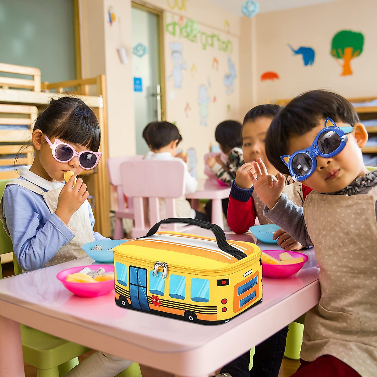 LEDAOU Lunch Box Kids Boys Girls Cute Insulated Lunch Box Reusable Lunch Bag Meals Tote Lunchbox for School Picnic Travel (Bus Yellow)