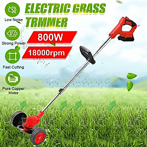 Weed Wacker Cordless Electric Battery Powered Weed Eater, 21V Lightweight Grass Trimmer Edger Lawn Tool with 2Pcs 2000mAh Battery, Push Wheeled Weed Brush Cutter No String Trimmer for Yard and Garden