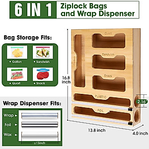 memrable [6 in 1] Ziplock Bag Storage Organizer, Aluminum Foil and Plastic Wrap Dispenser with Cutters, For Sandwich, Snack, Gallon, and Quart | Bamboo Kitchen Organizer