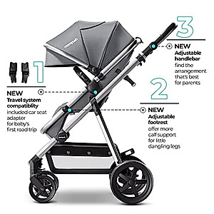 Mompush Meteor 2 Baby Stroller 2-in-1 with Bassinet Mode - Compatible with Major Infant Car Seat, Adapter Included - Stable Bassinet Stroller Combo, Full-Size Baby Strollers for Family Outings