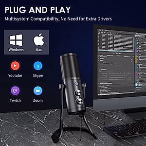 PALOVUE USB Computer Microphone, Condenser Microphone for PC, Gaming, Podcast, with Noise Cancelling Instant Mute, Volume Control, Headphone Output Streaming Mic for Recording Vocals YouTube