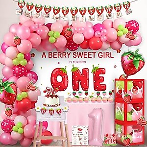 Berry Sweet One Birthday Party Decorations, Fiesec Berry First Strawberry 1st Birthday Party Decorations Backdrop Balloon Garland Monthly Photo High Chair Banner Box Cutout Crown Poster