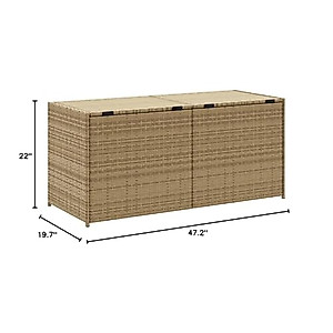 GOLINPEILO 74.8 Gal Outdoor Storage Box, Patio Rattan Deck Box, Wicker Storage Bin Deck Box, Poly Rattan Patio Storage Chest with Hinged Lid for Cushions, Pillows, 47.2"x19.7"x22" Mix Beige