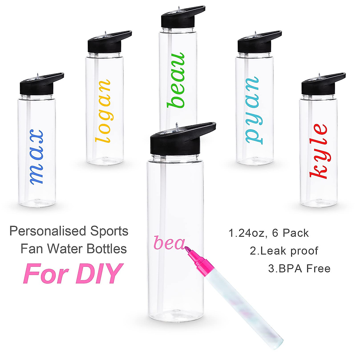 24 oz Clear Water Bottles with Straw, 6 Pack Bulk Reusable Sports Water Bottle with Handle, Wide Mouth & Portable for Travel Gym Cycling Hiking Camping, for Personalized DIY Teacher Nurse Gift