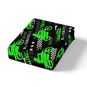 Motorcycle Racing Kids Fitted Sheet Queen Size,Motorbike Extreme Sports Games Bedding Set,Girls Boys Adults Room Decor,Race Flag Black White Bed Cover,Green Bright Bed Sheet,2 Pillowcases