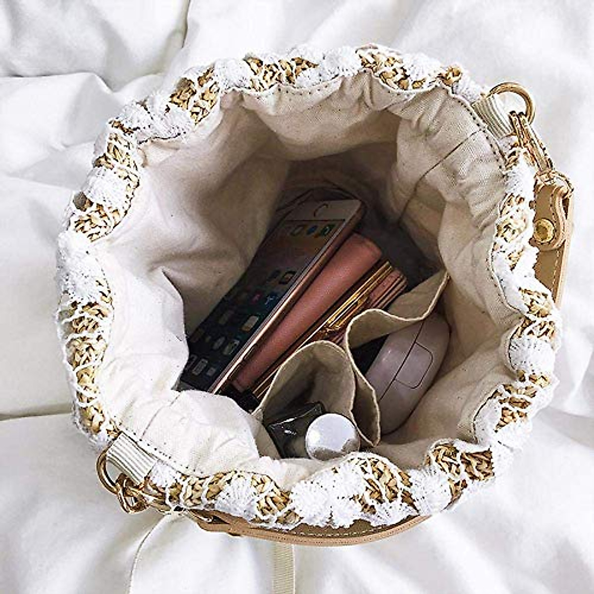 FENBEN Bamboo Handbag, Beach Purse Half Moon Bag, Straw Lace Woven Travel Sling Bag Shoulder Crossbody Bag for Women, Beige, One Size