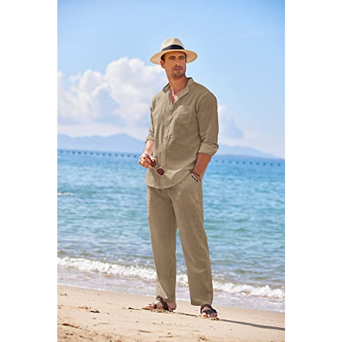 COOFANDY Linen Suits For Men 2 Piece Beach Button Down Shirt Casual Loose Pant Sets Mens Linen Beach Shirt (Khaki XL)