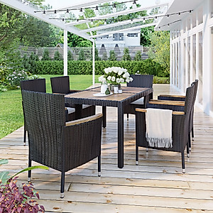 LZ LEISURE ZONE Patio Furniture Set, 7 Piece Outdoor Dining Table Set, Wicker Rattan Dining Table and Chairs Set, Patio Conversation Set with Cushions, Brown+Beige