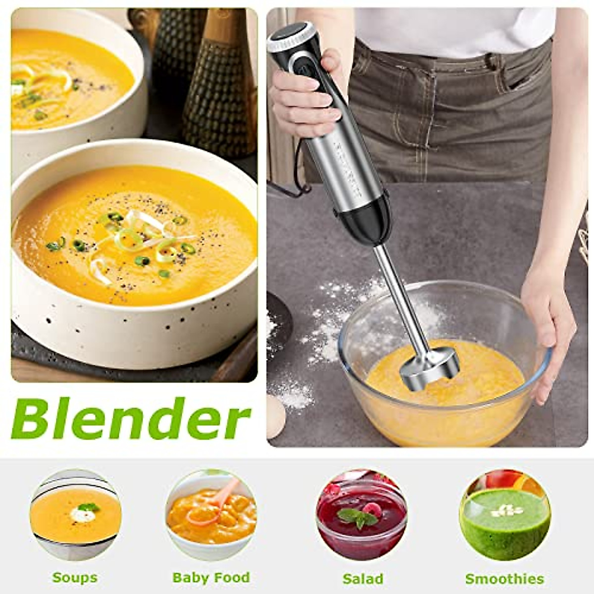 Immersion Hand Blender, 2-in-1 Multi-Purpose 500W Handheld Blender with Whisk, 20-Speed and Turbo Mode, 304 Stainless Steel Stick Blender for Smoothies, Puree Baby Food and Soups