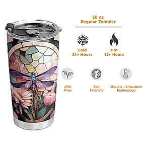 ORCAE 20oz Pink Crystal Stained Glass Flower Dragonfly Tumbler, Gifts for Dragonfly Lovers, Coffee Thermos for Women, Stainless Steel Double Wall Vacuum Insulated Coffee Mug, Travel Cup with Lid - E