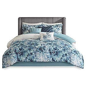 Madison Park 100% Cotton Comforter Set - Feminine Design Colorful Floral Print, All Season Down Alternative Bedding Layer and Matching Shams, King (104 in x 92 in), Enza, Teal 7 Piece