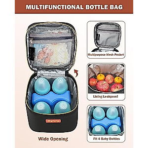 Breastmilk Cooler Bag with Ice Pack Fits 4 Baby Bottles Up to 5 Ounce, Mancro Insulated Baby Bottle Bag for Nursing Mom Daycare, Easily Attaches to Stroller, Black