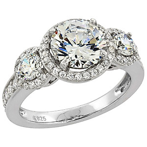 Sterling Silver Micro Pave Cubic Zirconia 3-Stone Halo 2ct (8mm) Ring, size 7