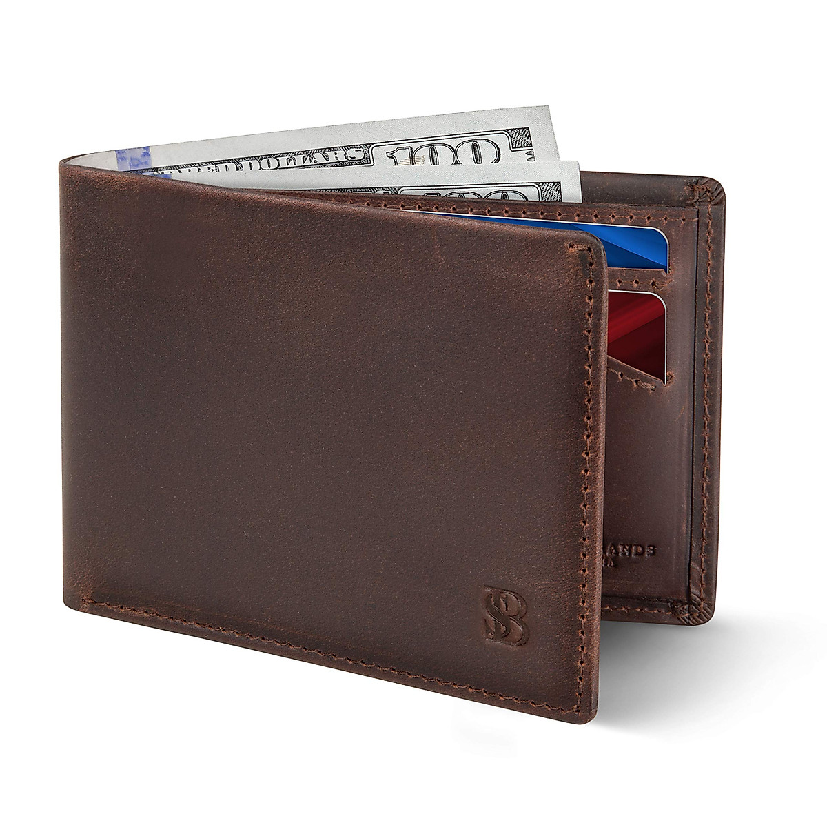 SERMAN BRANDS Mens Slim Bifold Wallet RFID Blocking Minimalist Front Pocket Full Grain Leather Wallets for Men - Thin & Stylish (Texas Brown Elite)