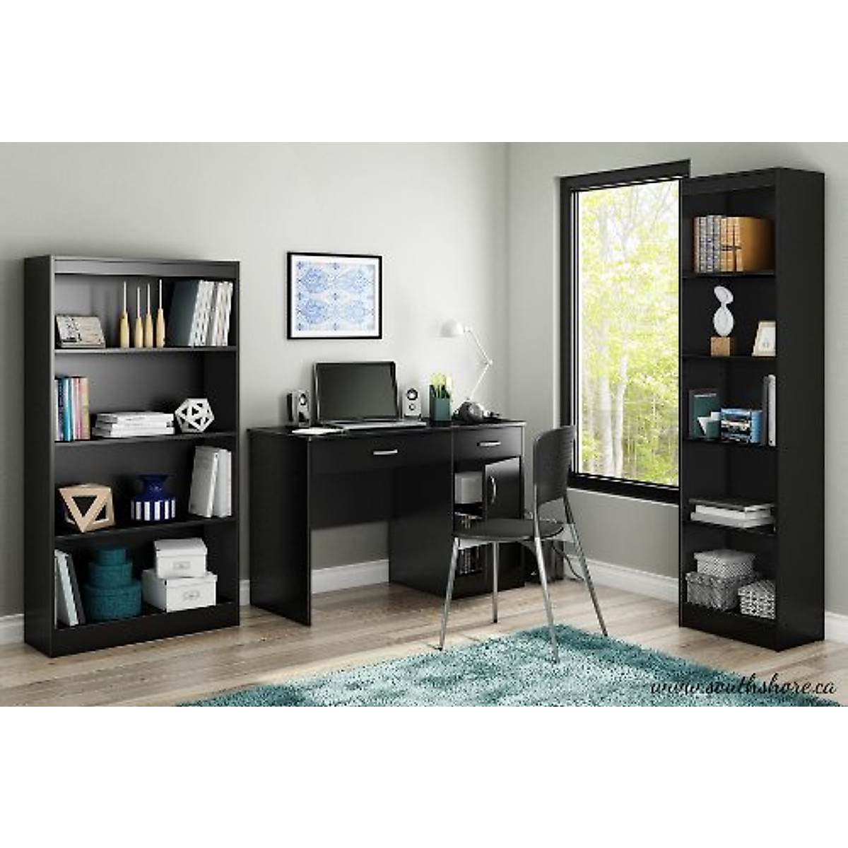 South Shore Small Computer Desk with Drawers, Pure Black