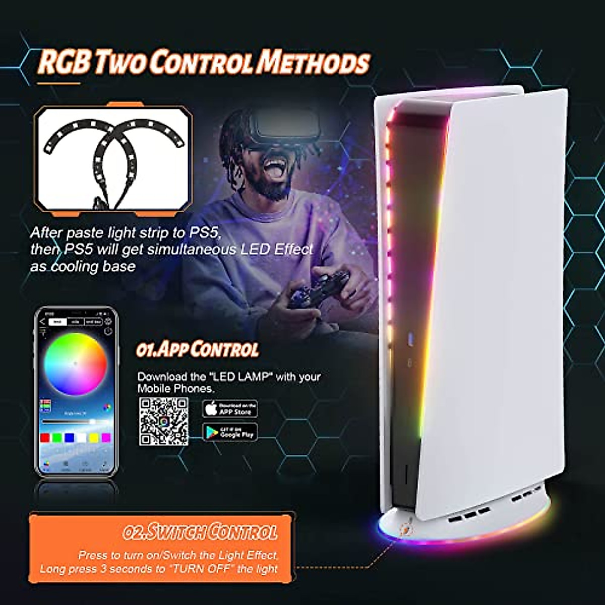 PS5 Cooling Fan Stand with RGB Light for PS5 Digital Disc Edition, 2 Adjustable Speed Cooling Stand Station for Playstation 5 Console PS5 Host Cooler with LED Light Strip Cooling Base PS5 Accessories