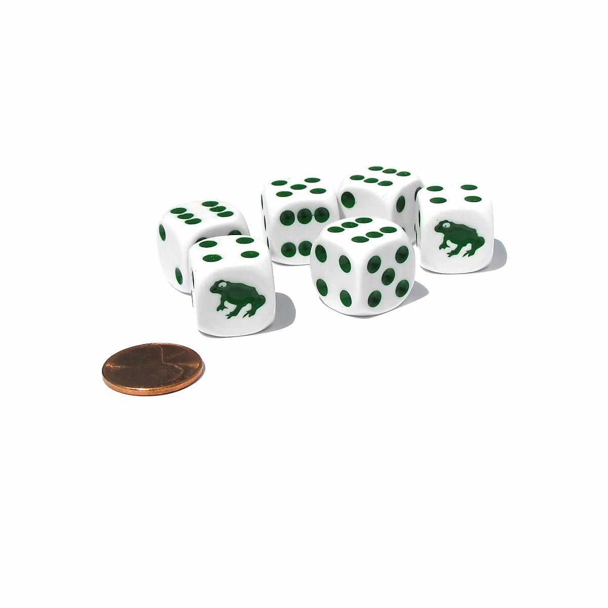 Set of 6 Frog 16mm D6 Round Edged Koplow Animal Dice - White with Green Pips