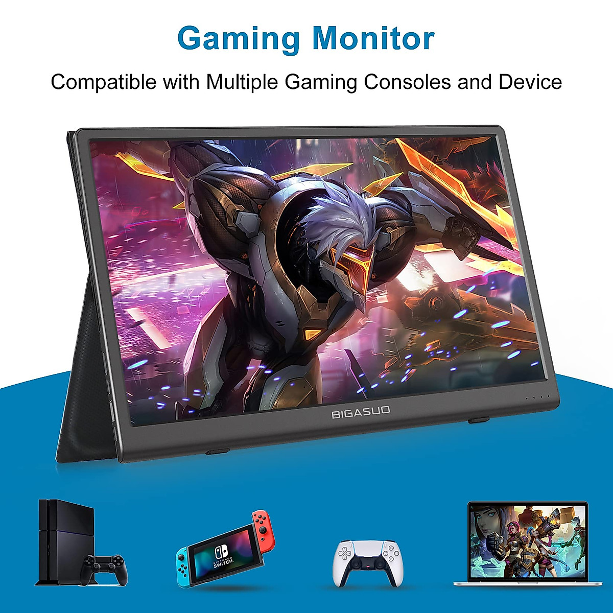 BIGASUO Portable Monitor, 15.6 Inch USB-C Laptop Monitor HDMI Computer Display HDR IPS Screen Gaming Monitor with Dual Speaker for Laptop PC PS4 MAC Phone Xbox Switch w/Smart Case