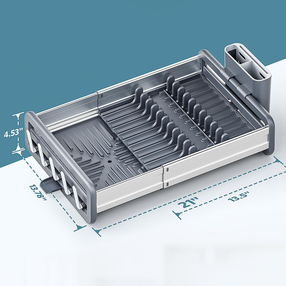 Dish Drying Rack, Expandable Dish Racks for Kitchen Counter, Large Sink Dish Strainer, Multifunctional Space-saving Drainage Dish Rack with Cutlery and Cups Drying Holder, （13.5" to 21"） L *13.78" W