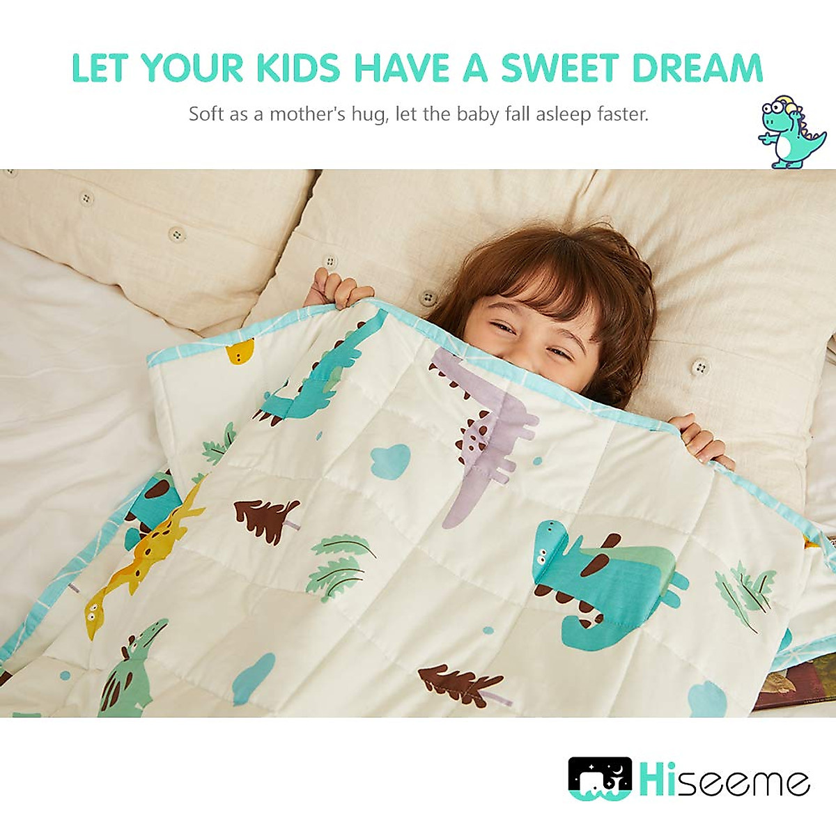 Hiseeme Weighted Blanket for (7lbs, 41''x60'', Single Size) Small Pockets - Breathable Cotton with Glass Beads (Dinosaur)