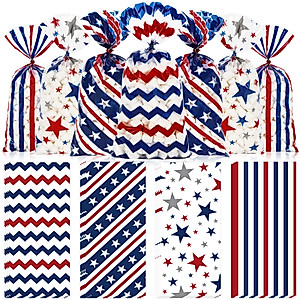 Whaline 160Pcs Patriotic Cellophane Treat Bags Star Wave Stripe Clear Plastic Candy Treat Cello Bags Boys Birthday Party Goodie Gift Bags with Twist Ties for Veterans Memorial Day Party