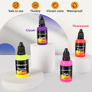 Airbrush Paint, PINJAT 16 Colors Airbrush Paint Set (30ml/1oz), Opaque & Water Based Acrylic Airbrush Paint Kit, Including Fluorescent Colors, Air Brush Painting Set for Beginners Artists and Hobbyist